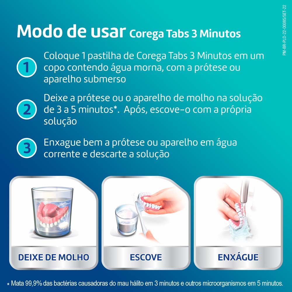 Pastilhas de Limpeza para Próteses e Aparelhos Removíveis Corega Tabs 3 ...